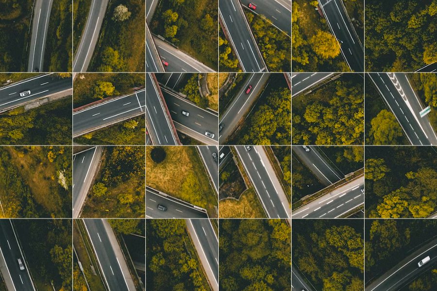 Photo puzzle game of aerial photography of interlocking freeways with ...